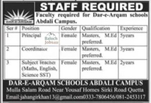 Dar E Arqam School Jobs In Quetta 2026 - Staff Required