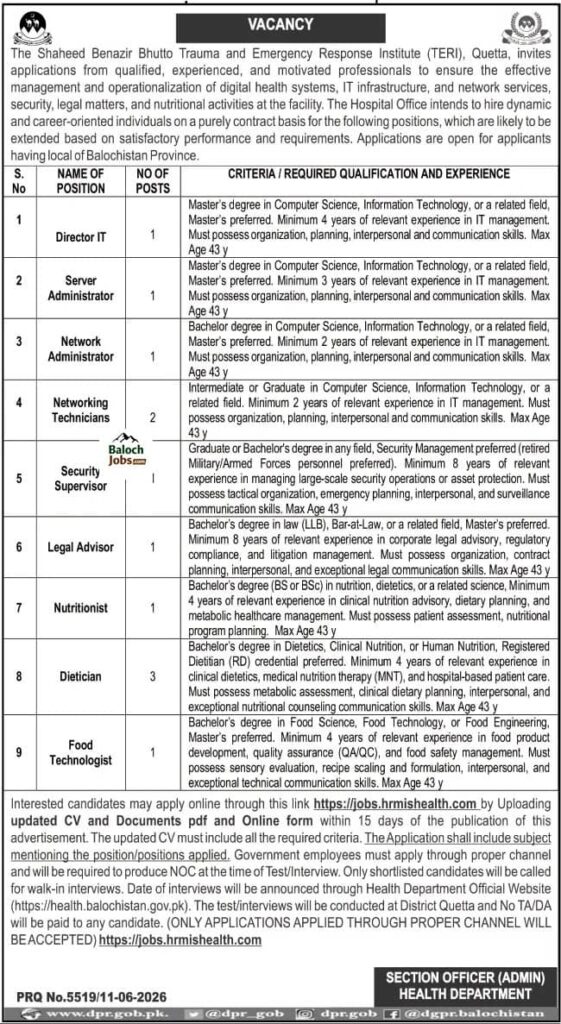 Benazir Bhutto Trauma Center Quetta Jobs 2026 - Baloch Jobs