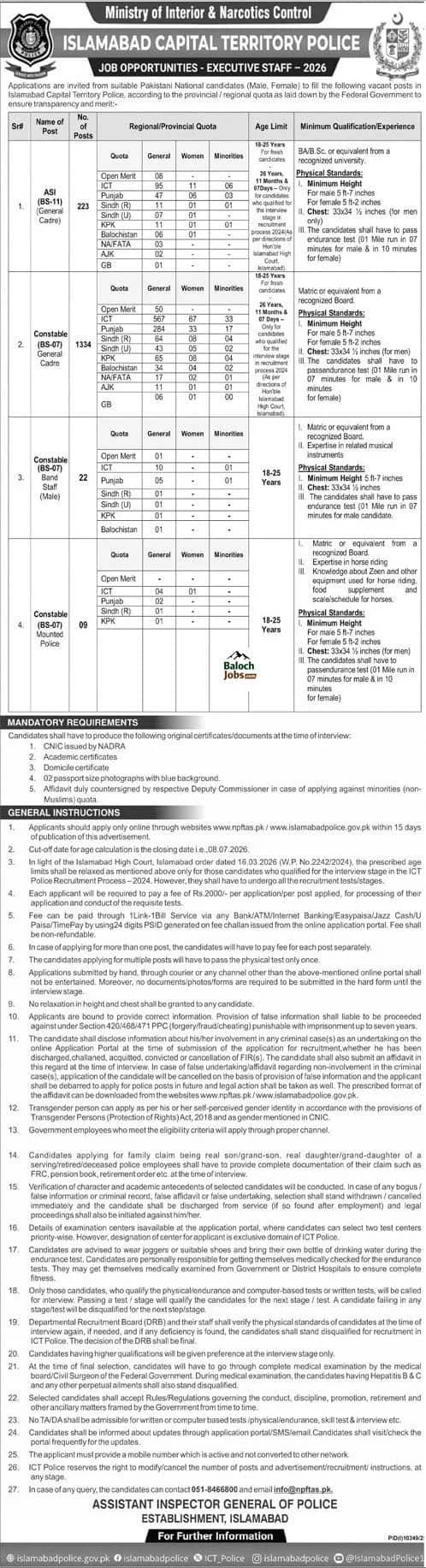 Islamabad Police Jobs 2026 Online Apply - Baloch Jobs