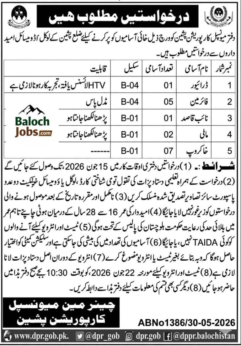 Municipal Corporation Pishin Jobs 2026 - Baloch Jobs